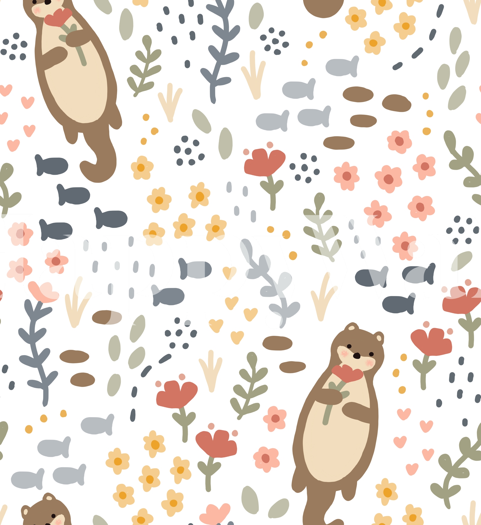 Cute Otter Floral Pattern Wallpaper