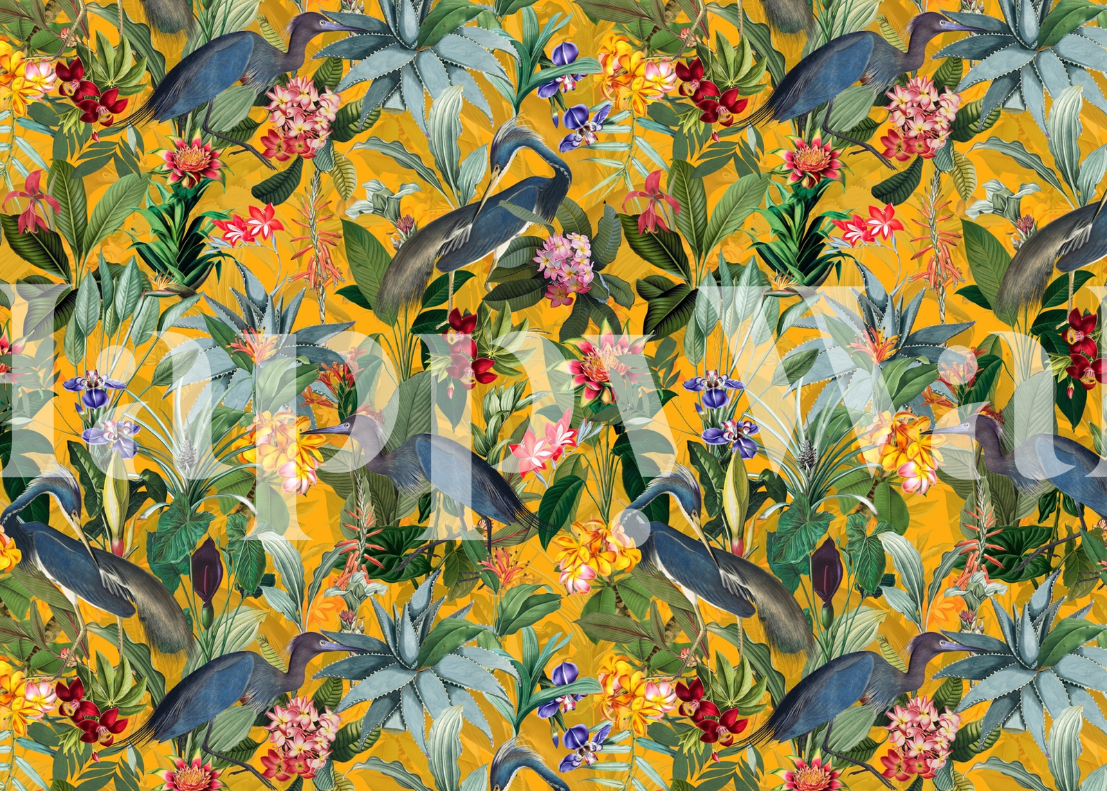 Jungle Floral Wallpaper with Herons in Yellow