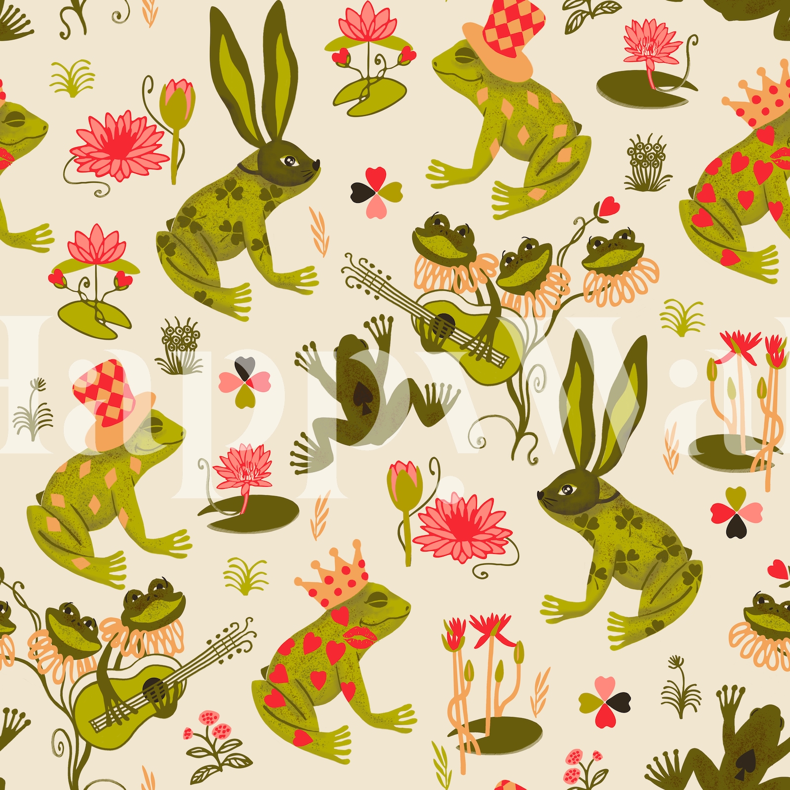 Frog Fantasy Olive Wallpaper with Floral Design