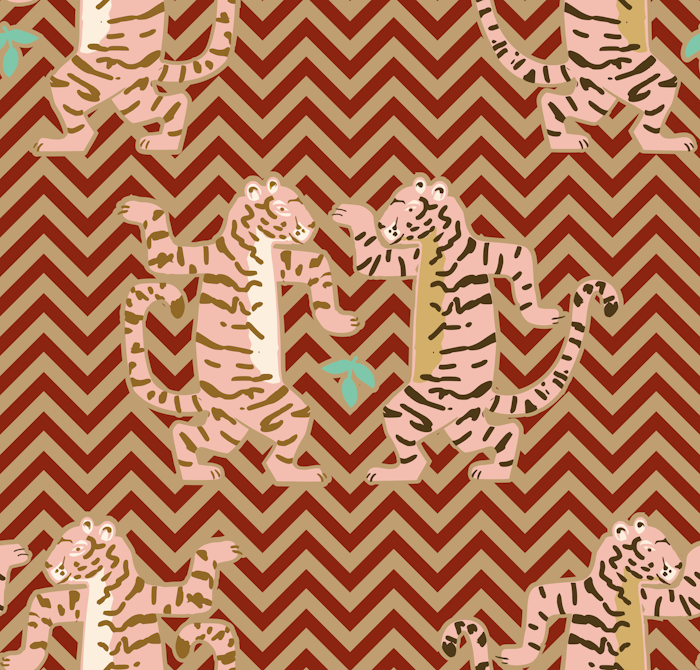 Dancing Tiger Zig Zag Wallpaper - Red and Sand
