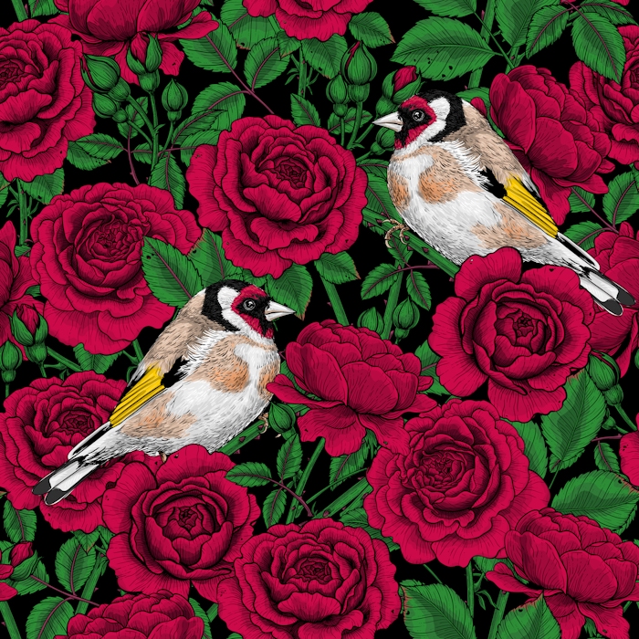Red Rose and Goldfinch Wallpaper | happywall.com