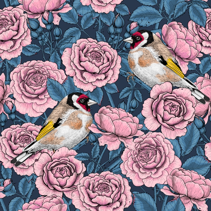 Pink Rose Flowers & Goldfinch Wallpaper