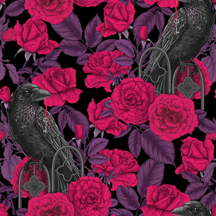 Ravens and red roses wallpaper | Happywall