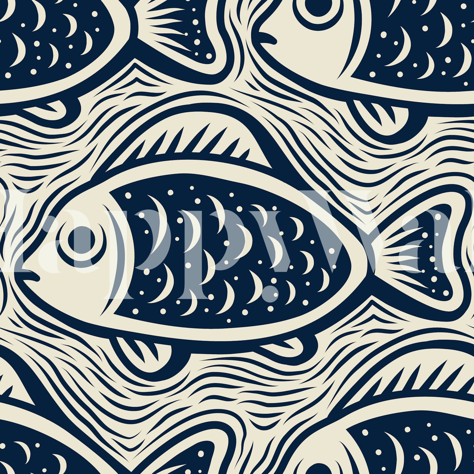 Block Print Fishes Pattern Wallpaper | happywall.com