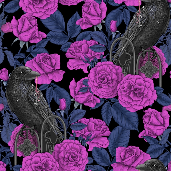 Ravens and roses, dark pink and blue wallpaper | Happywall