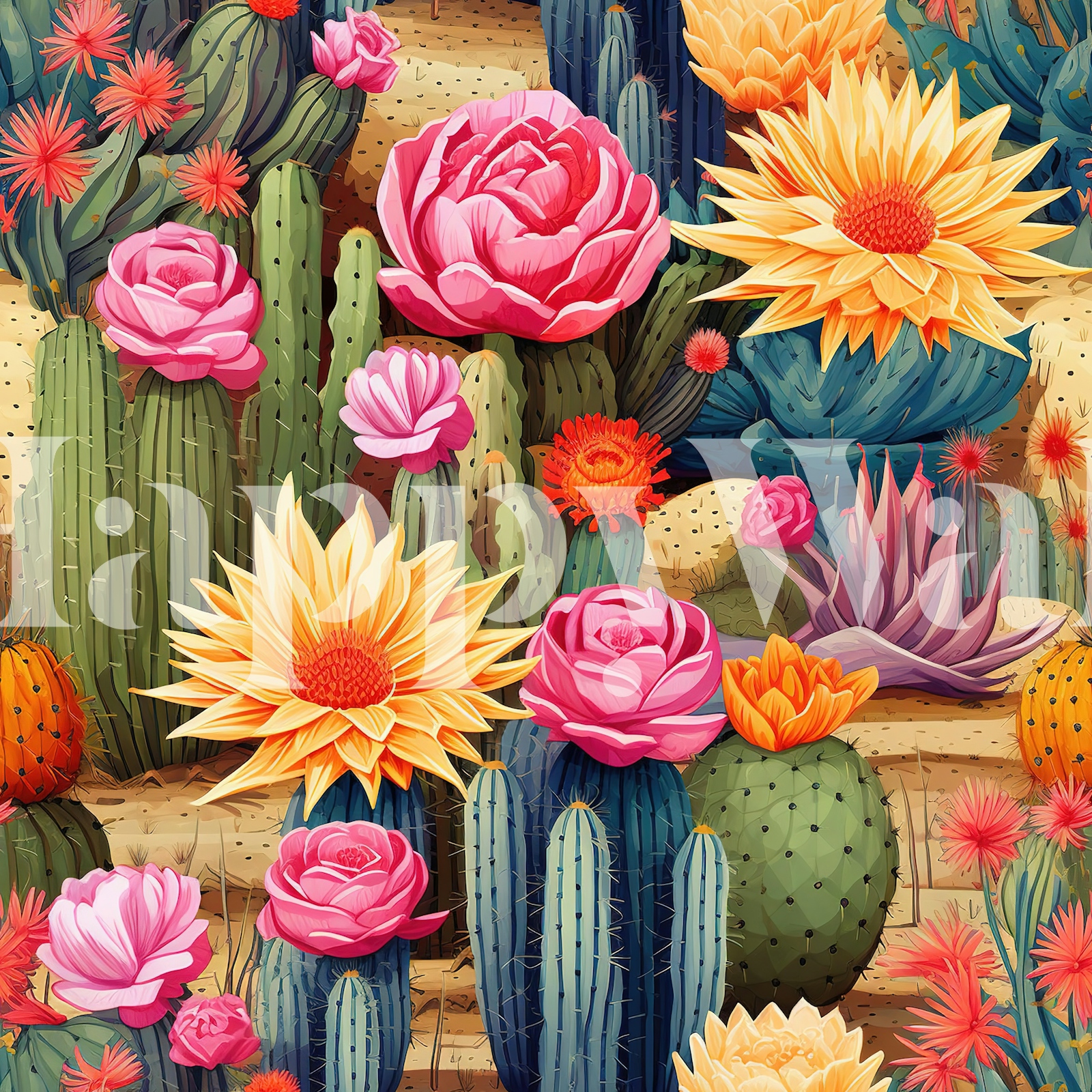 Colorful Cactus Floral Wallpaper