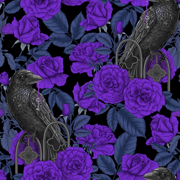 Purple Raven and Rose Floral Wallpaper