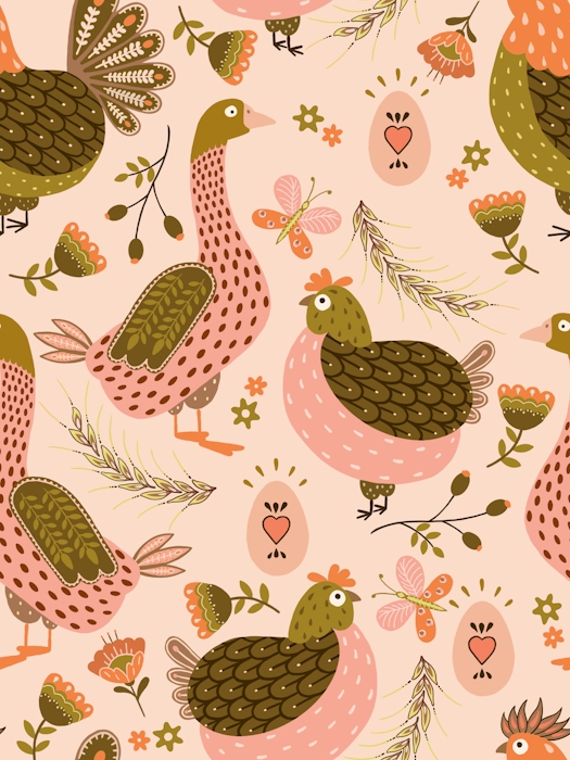 Cute Chicken Farm Pink Green Floral Wallpaper