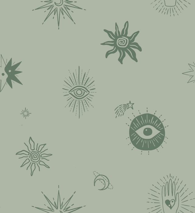 Celestial Green Wallpaper with Sun and Eye Patterns