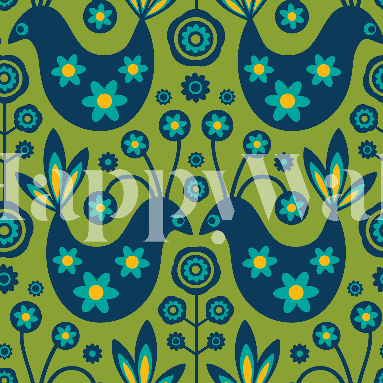 Love Birds Retro Scandi Wallpaper - Happywall