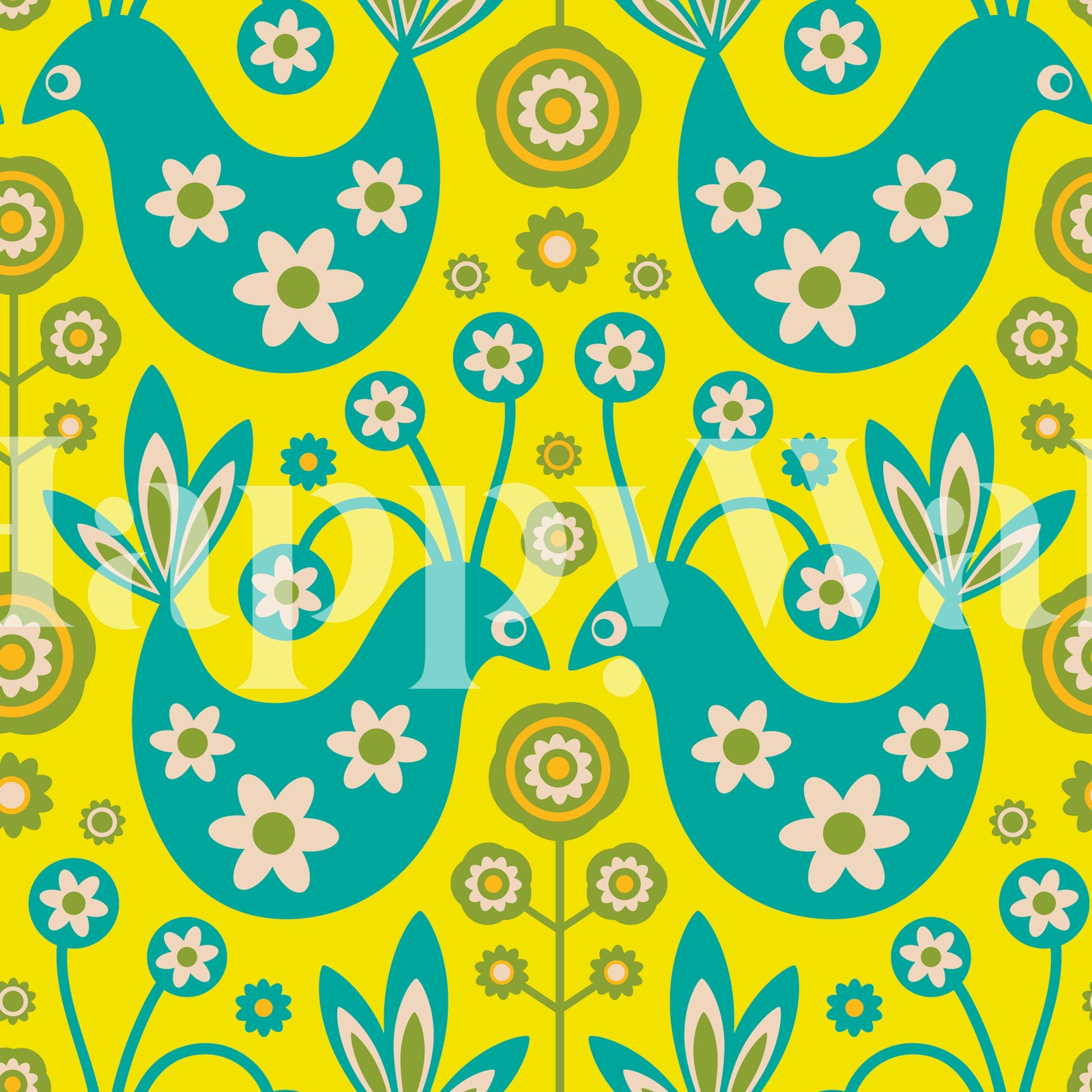 Love Birds Retro Scandi Floral Wallpaper