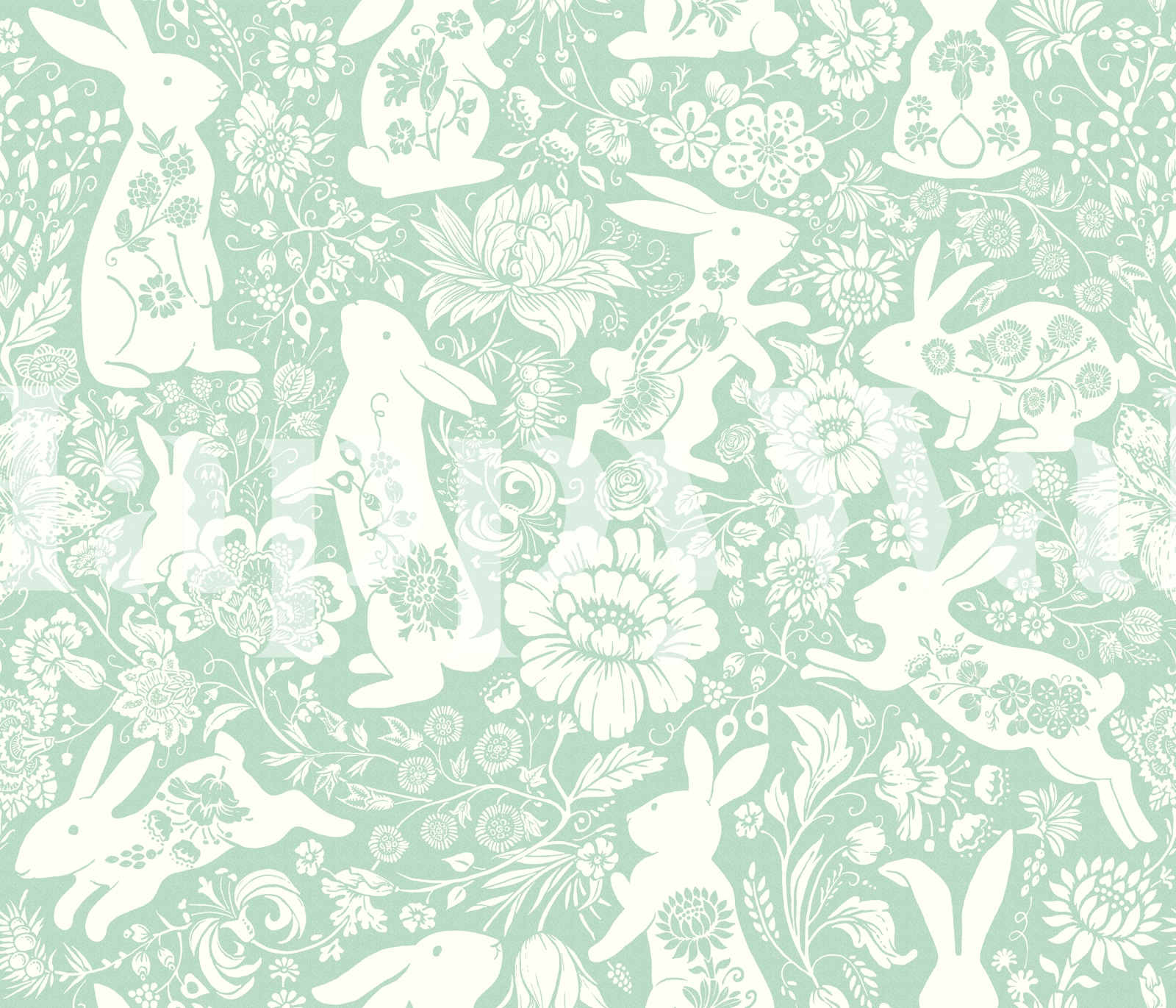 Turquoise Floral Rabbit Wallpaper