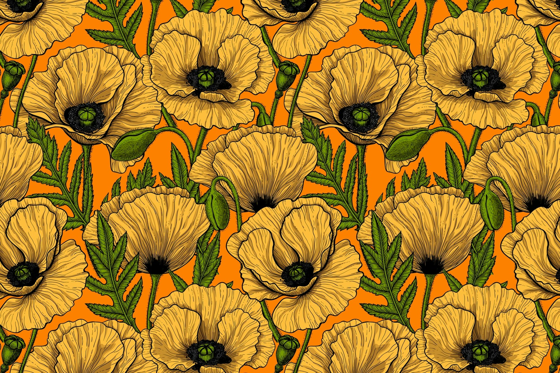 Yellow poppy garden wallpaper - Free shipping | Happywall