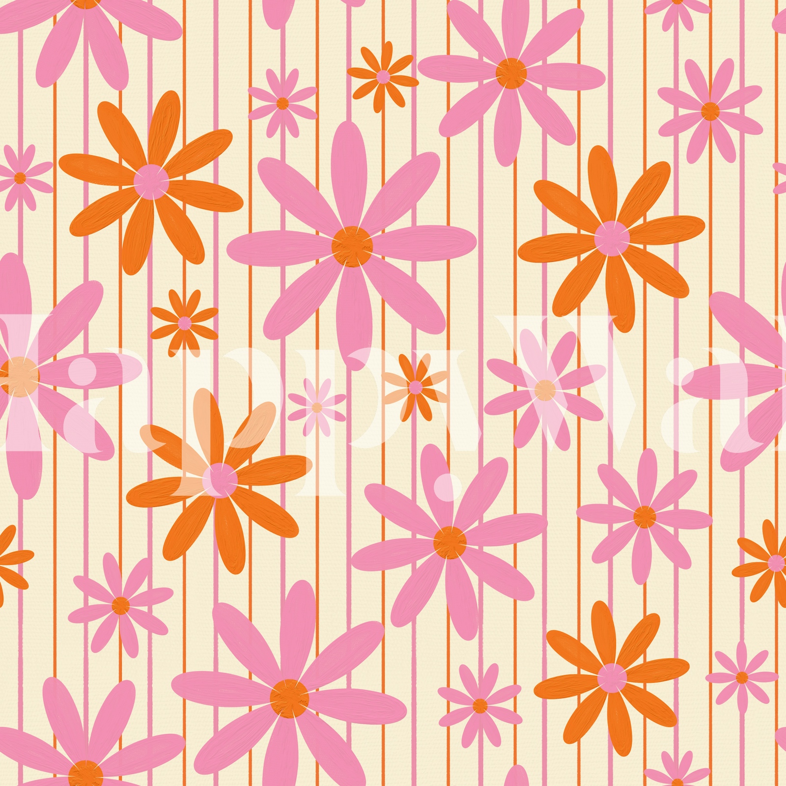 Pink and Orange Floral Striped Wallpaper