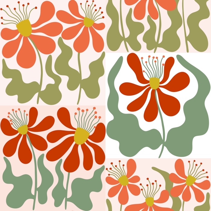 Red Orange Floral Retro Wallpaper
