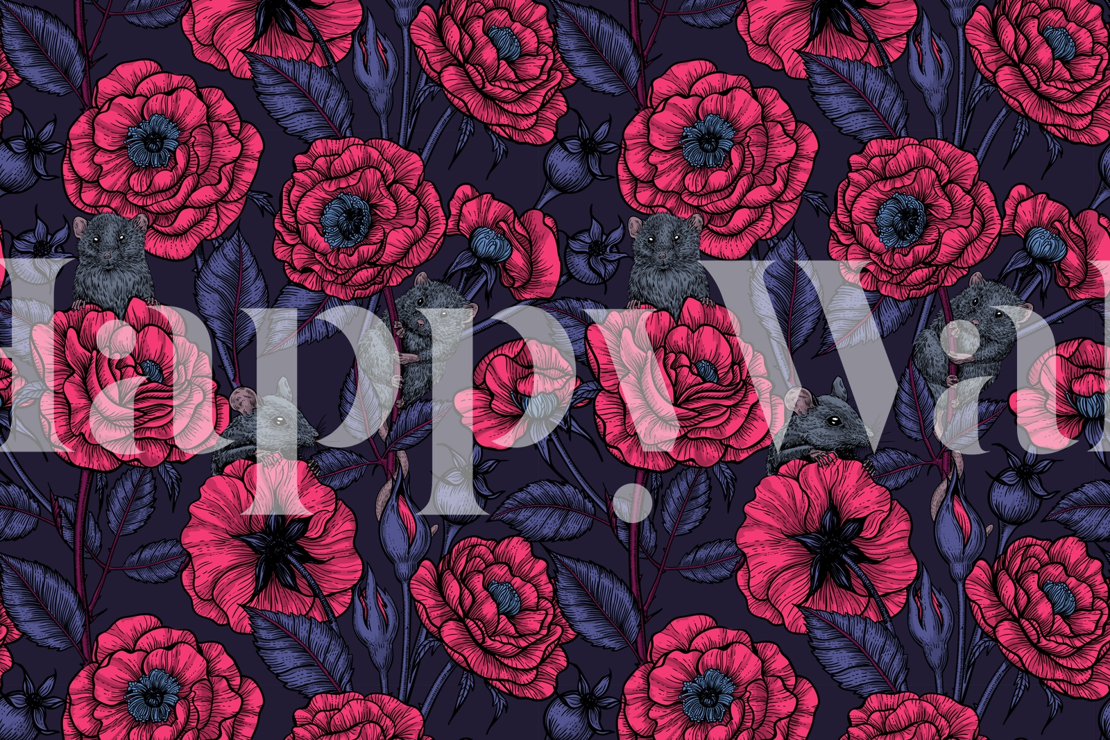 Red Floral Mice Wallpaper for Kids Rooms