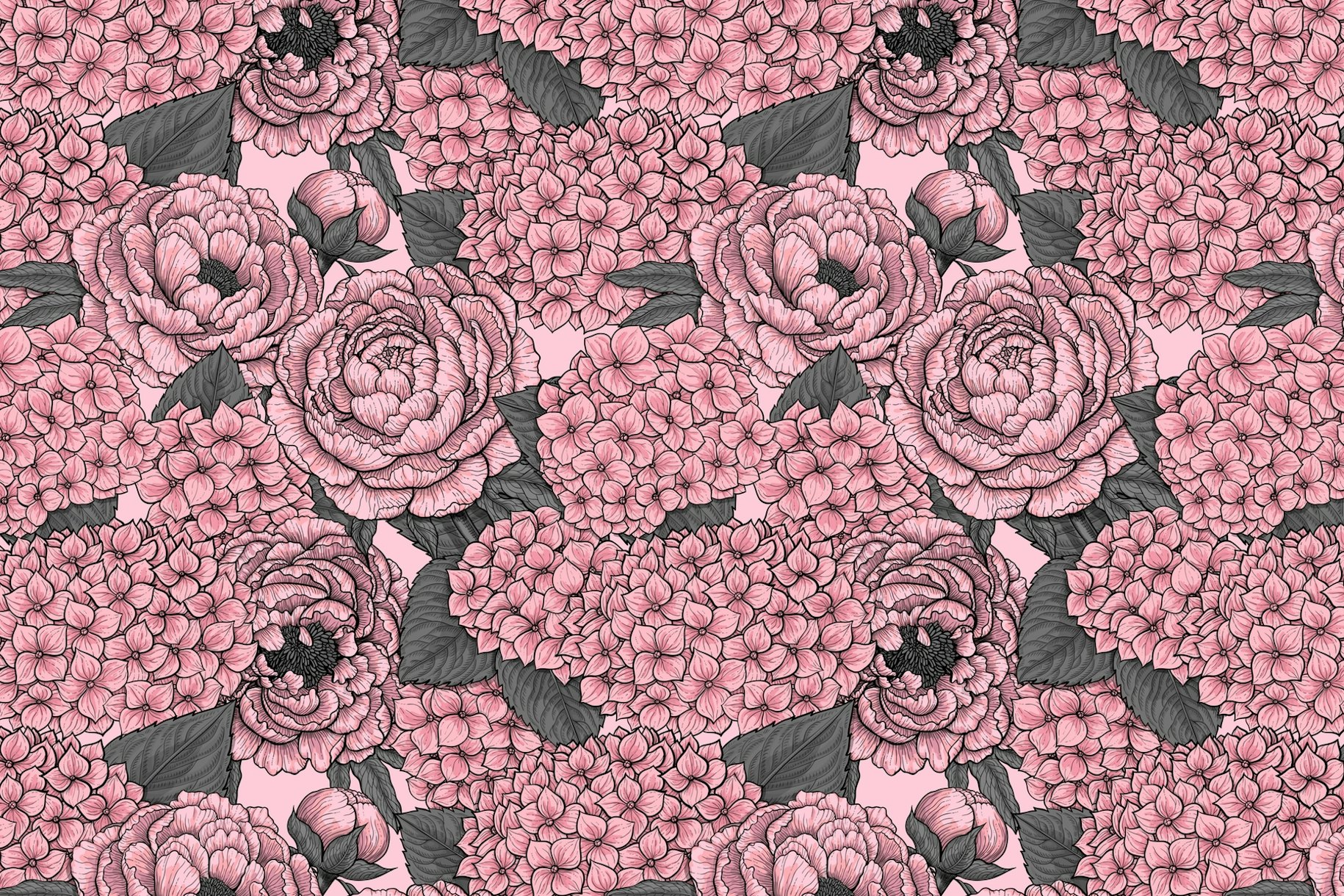 Buy Peony and Hydrangea in Pink Wallpaper | Happywall