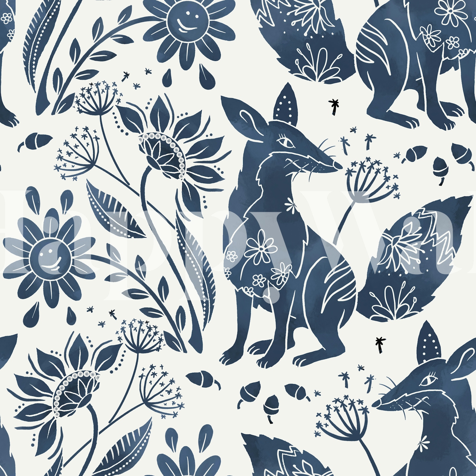 Blue Fox Floral Wallpaper for Kids Room