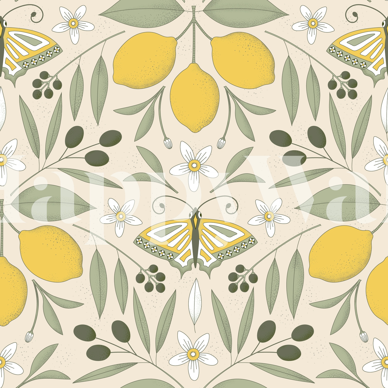 Mediterranean Lemon Olive Floral Wallpaper