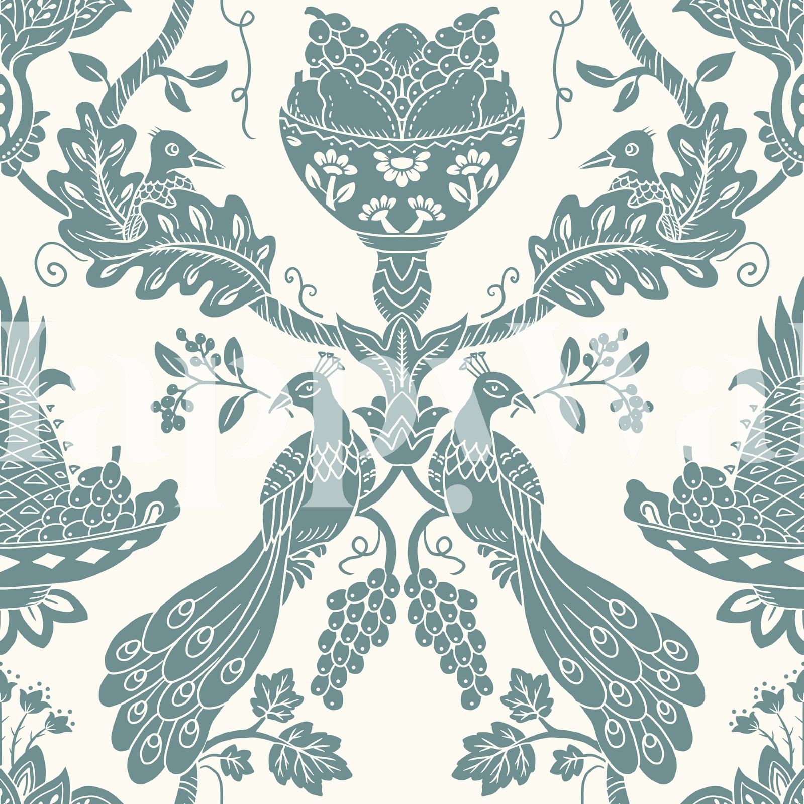 Blue Peacock Damask Wallpaper