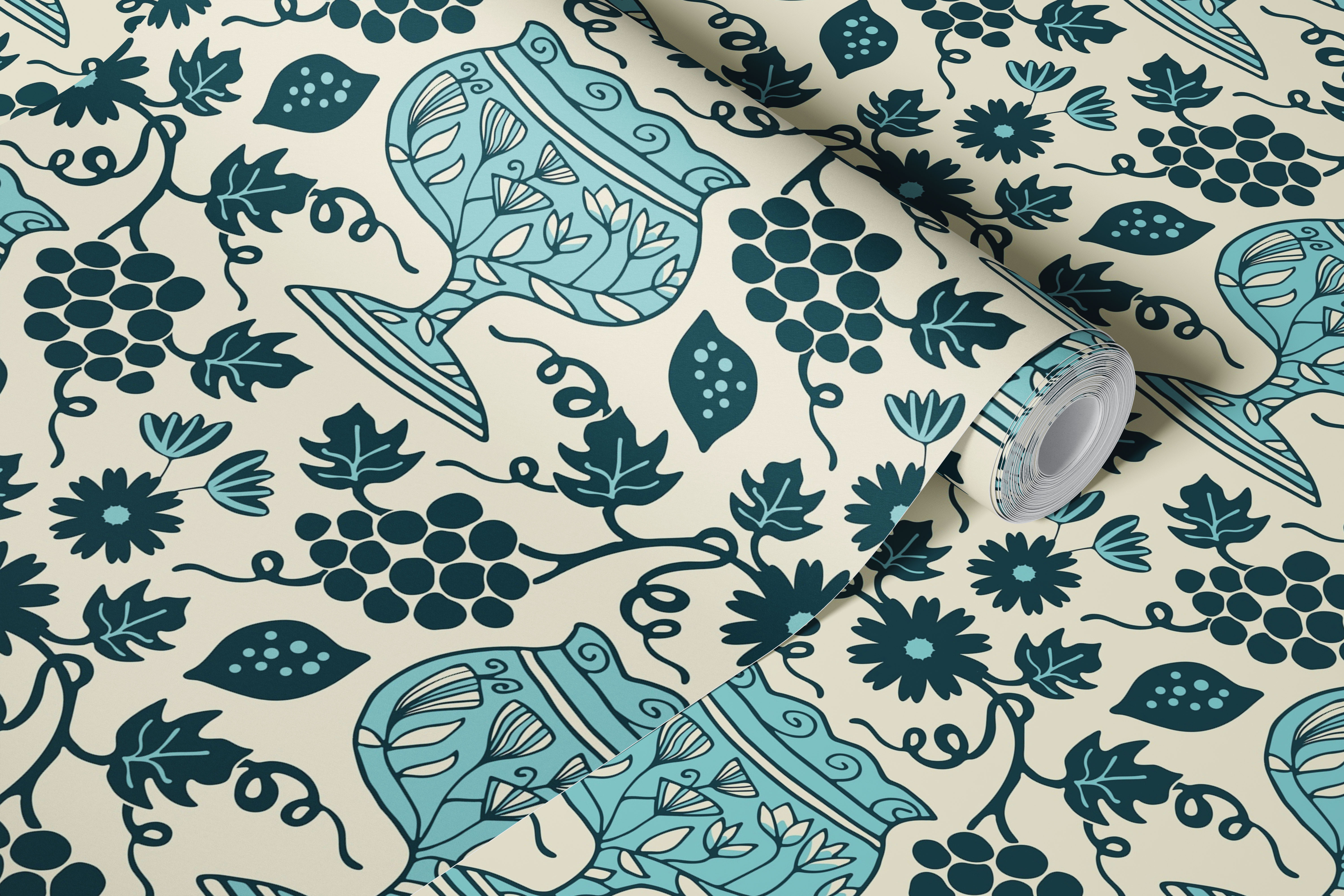 Aqua Greek Floral Wallpaper with Lemons and Grapes