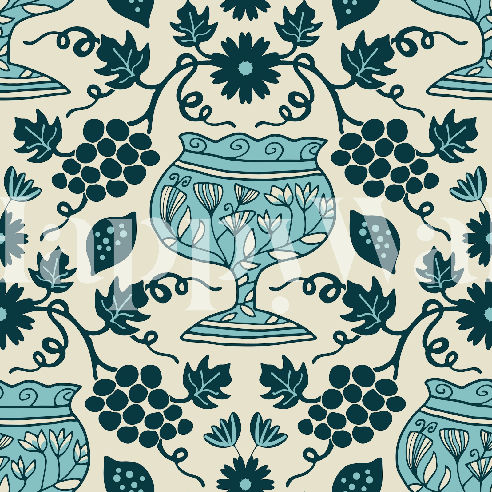 Aqua Greek Floral Wallpaper with Lemons and Grapes