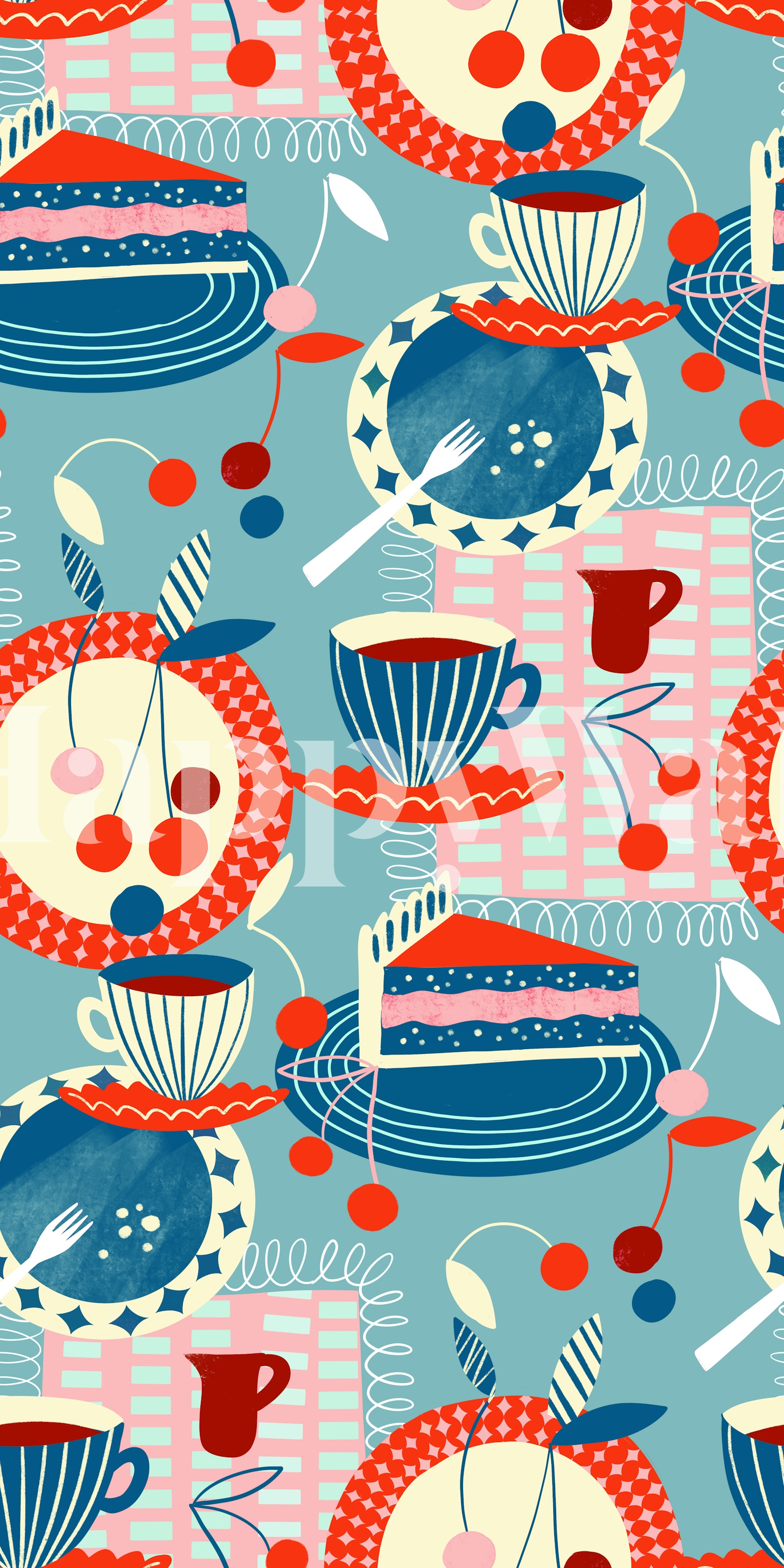 Cherry Pie Pattern Retro Blue Wallpaper