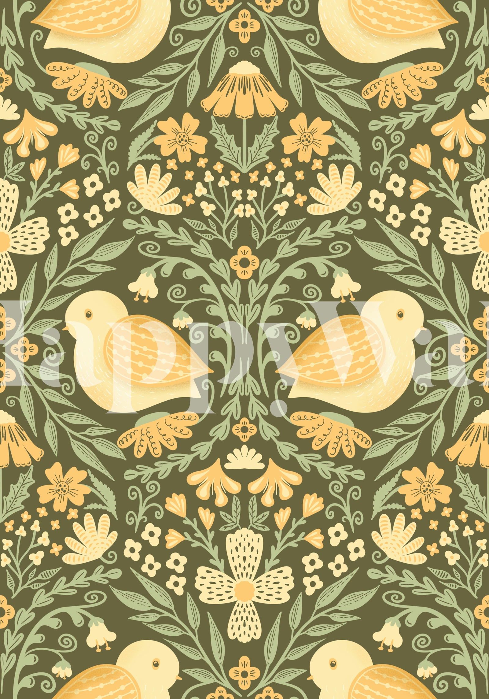 Baroque Yellow Birds Wallpaper | happywall.com