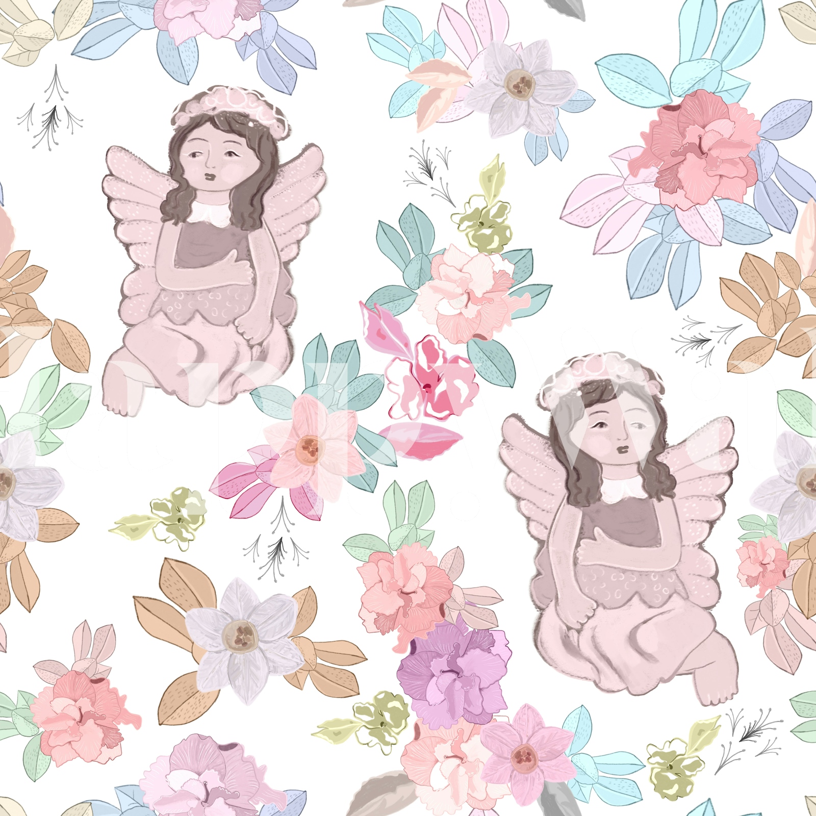 Angels with Flowers Pattern - Happywall