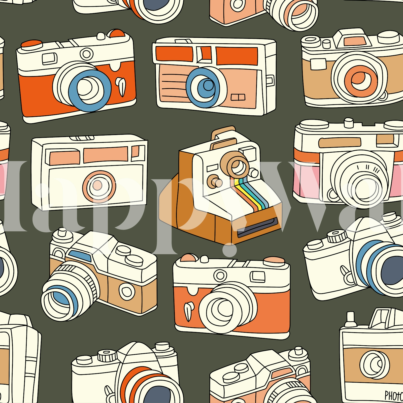 Vintage Camera Pattern Wallpaper in Khaki