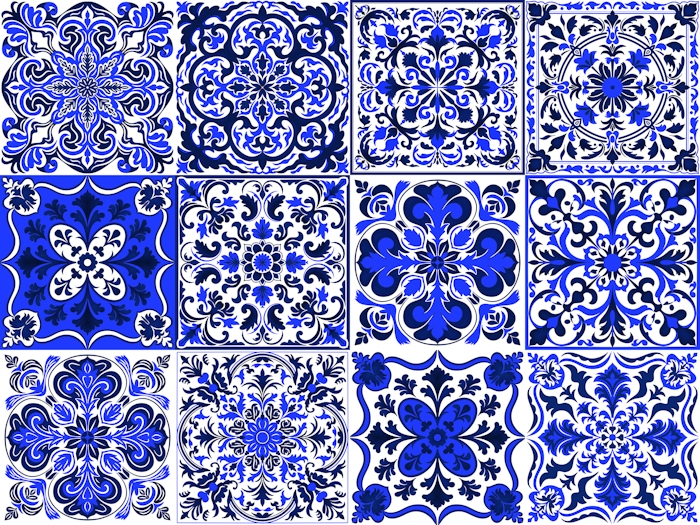 Blue Floral Tile Pattern Wallpaper