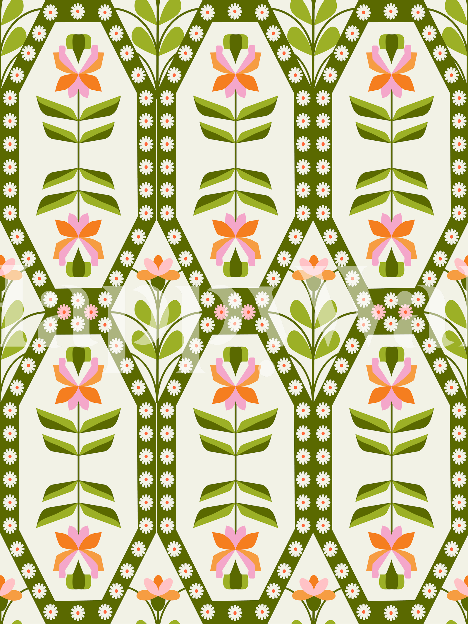 Retro Floral Wallpaper | Green & Pink | happywall.com