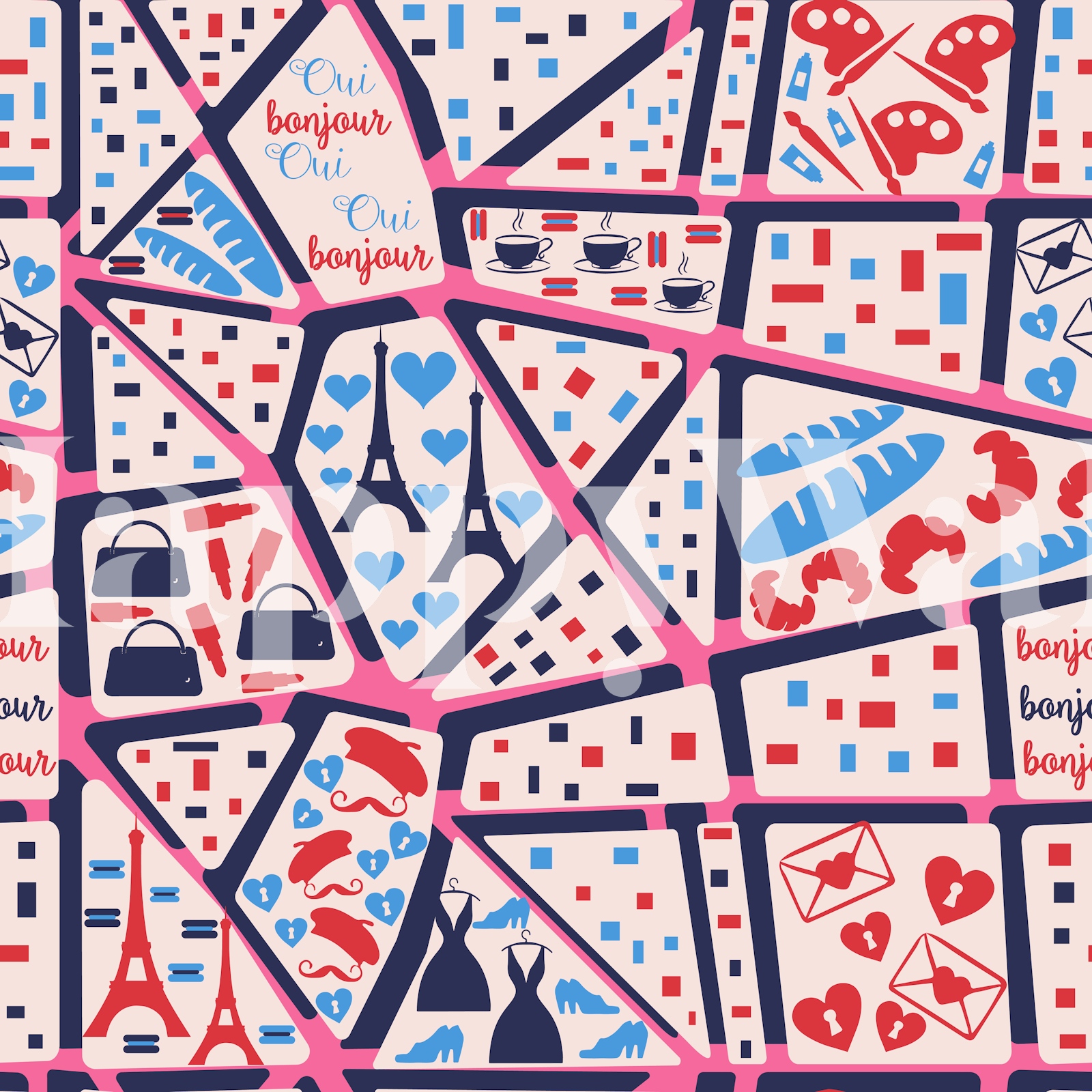 Paris Map Wallpaper in Pink and Blue Design