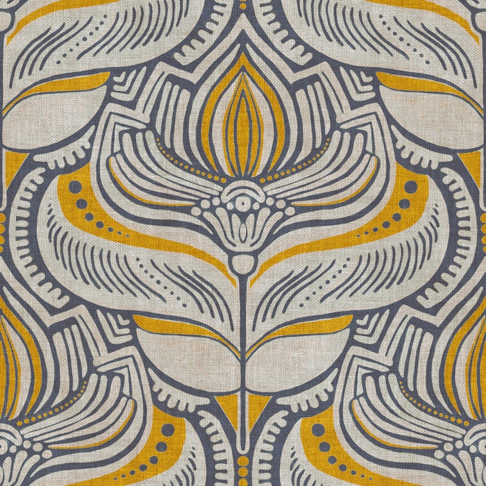 Grey and Gold Art Deco Lotus Damask - Happywall