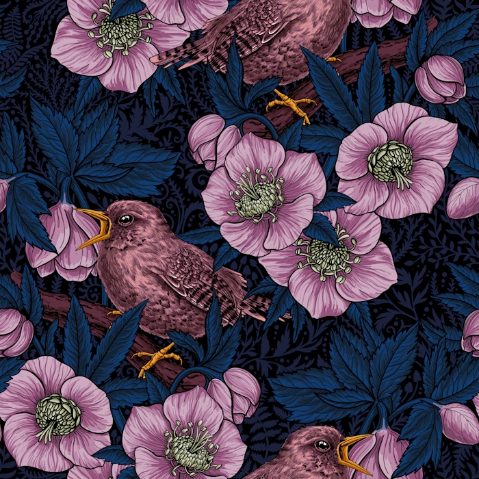 Wren and hellebore Wallpaper
