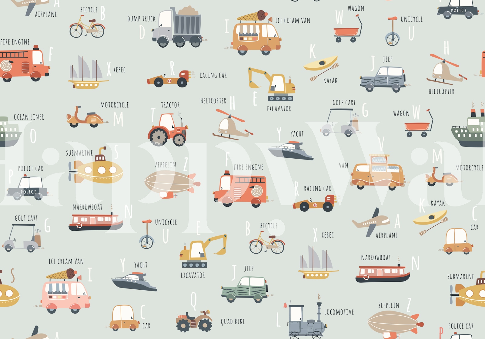 Vehicles Alphabet Blue Wallpaper for Kids