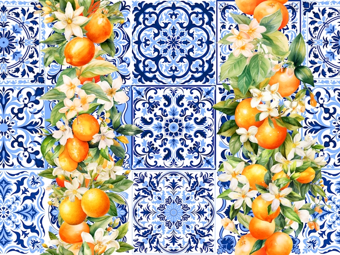 Blue and Orange Floral Tile Wallpaper