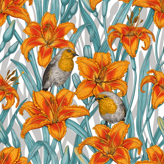 Robins and Lily Flowers Wallpaper | Happywall.com