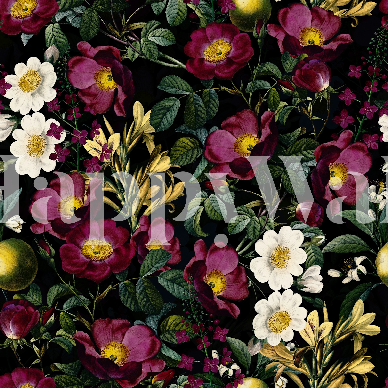 Vintage Midnight Botanical Rose Garden Wallpaper