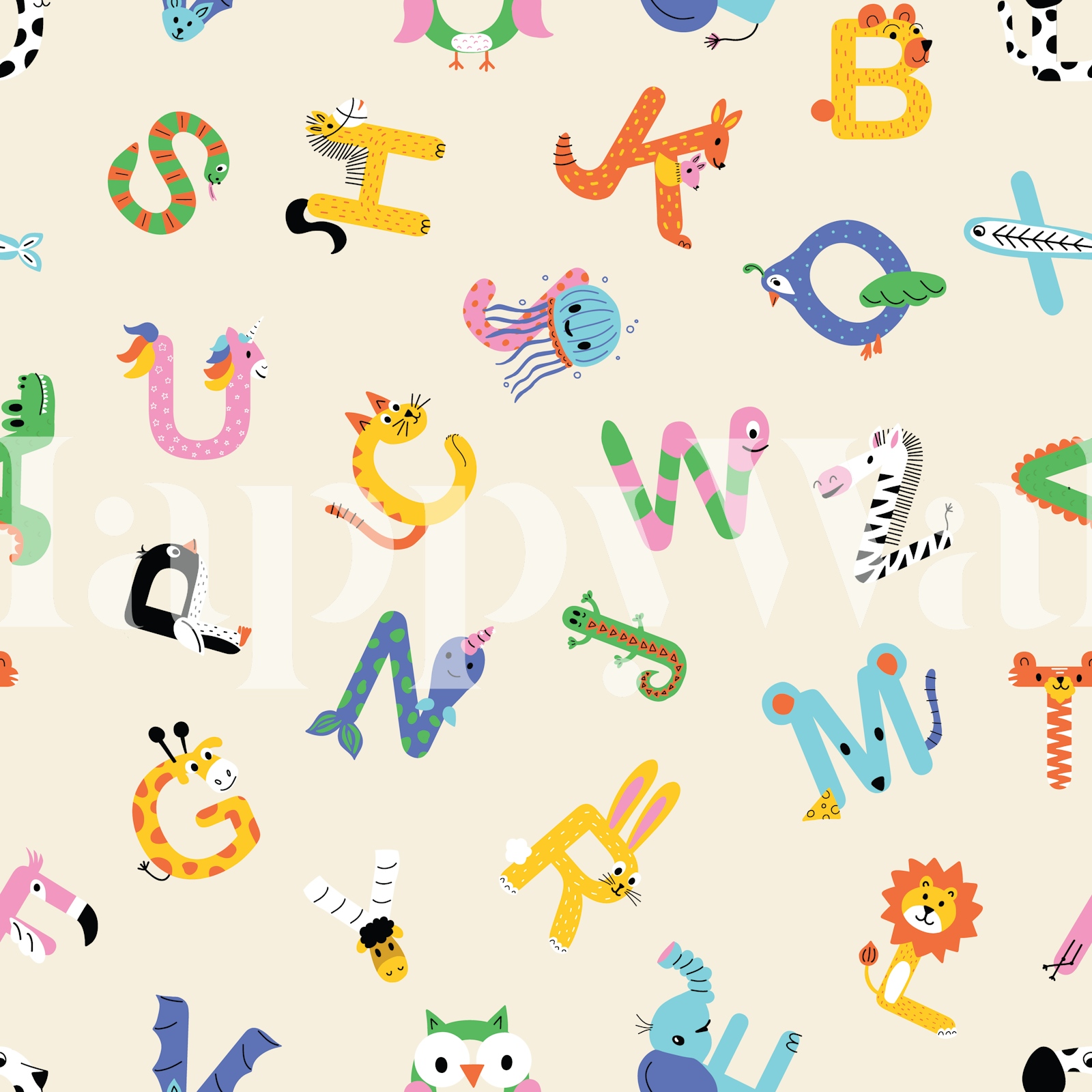 Kids Animal Alphabet Wallpaper - Light Beige