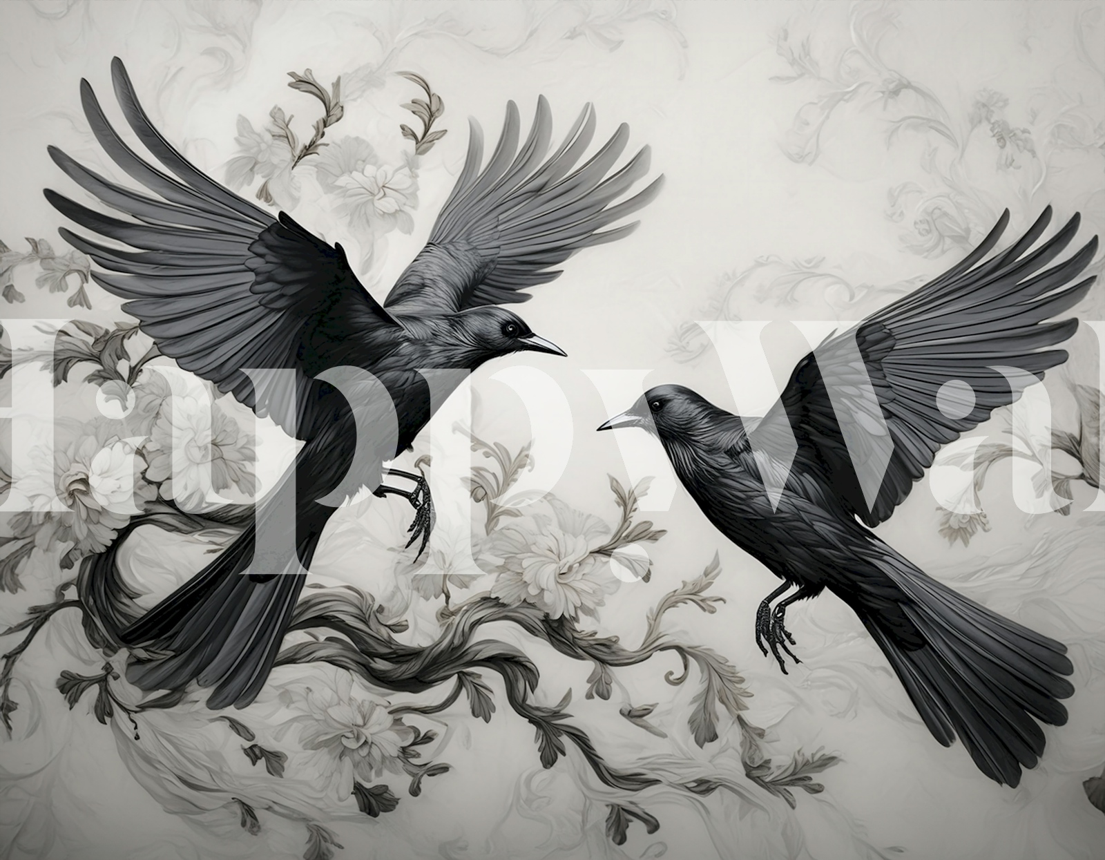 Baroque Black Bird Wallpaper for Elegant Decor