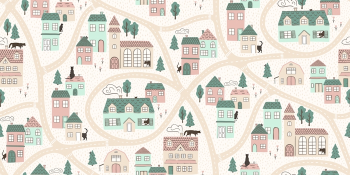 Cute Cat Town Wallpaper with Pastel Houses