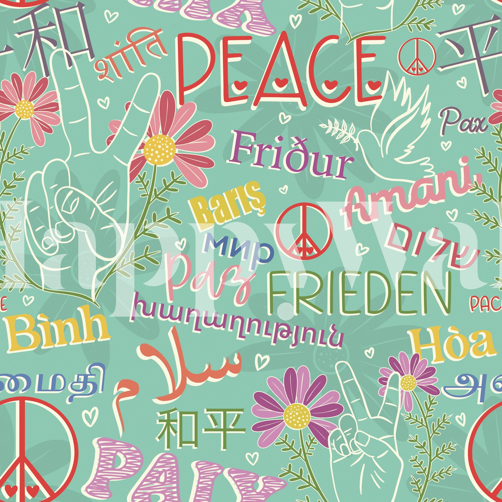Colorful Peace Languages Floral Wallpaper