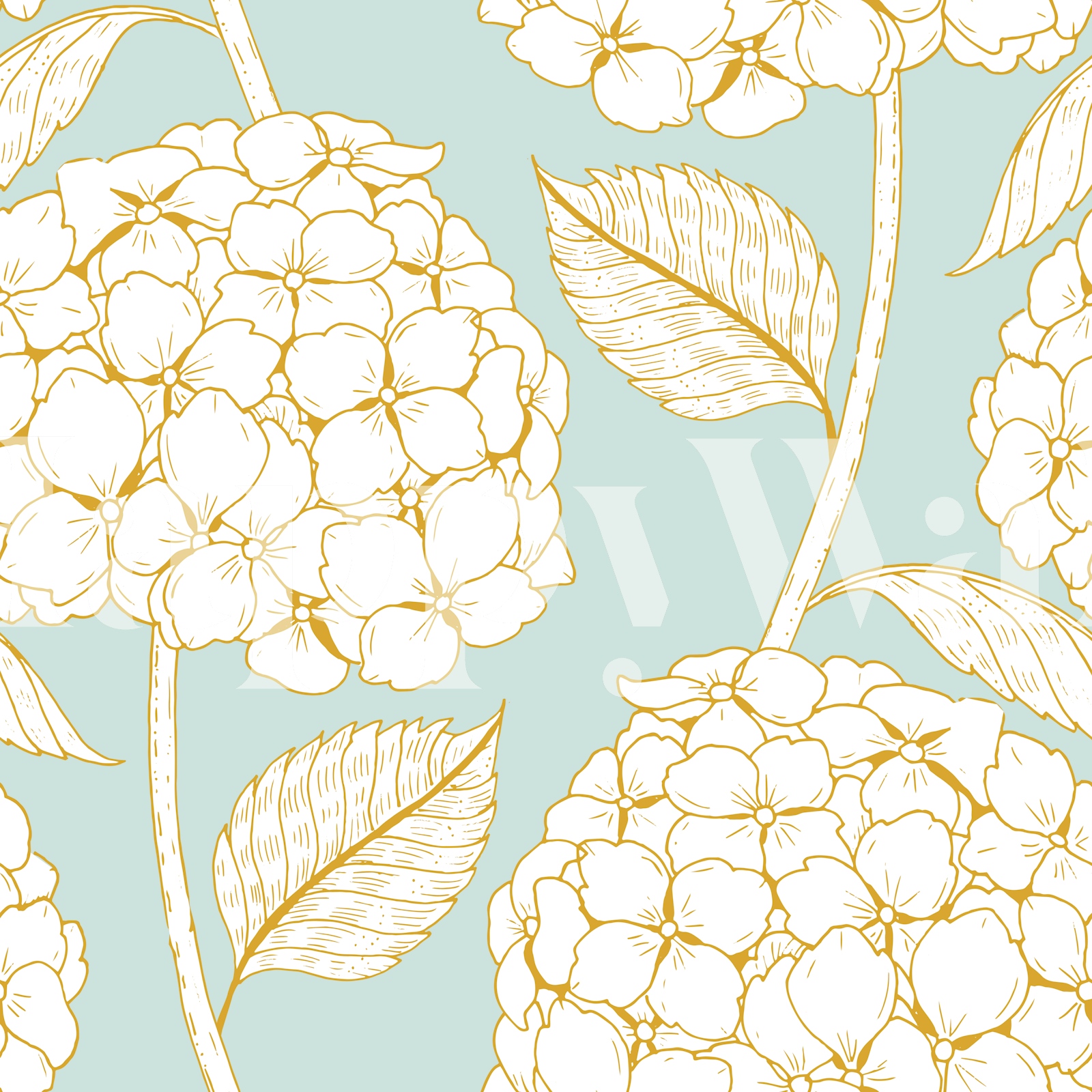 Floral White Hydrangea Wallpaper on Powder Blue
