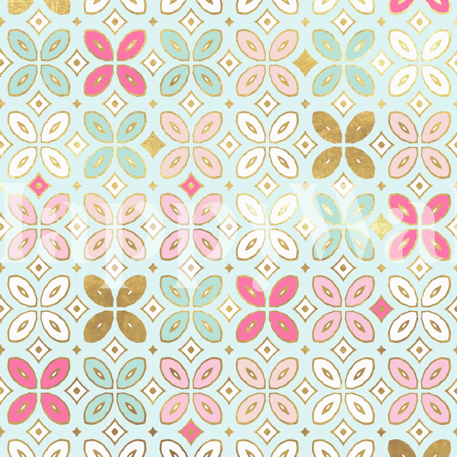 Mint Floral Wallpaper with Gold Accents
