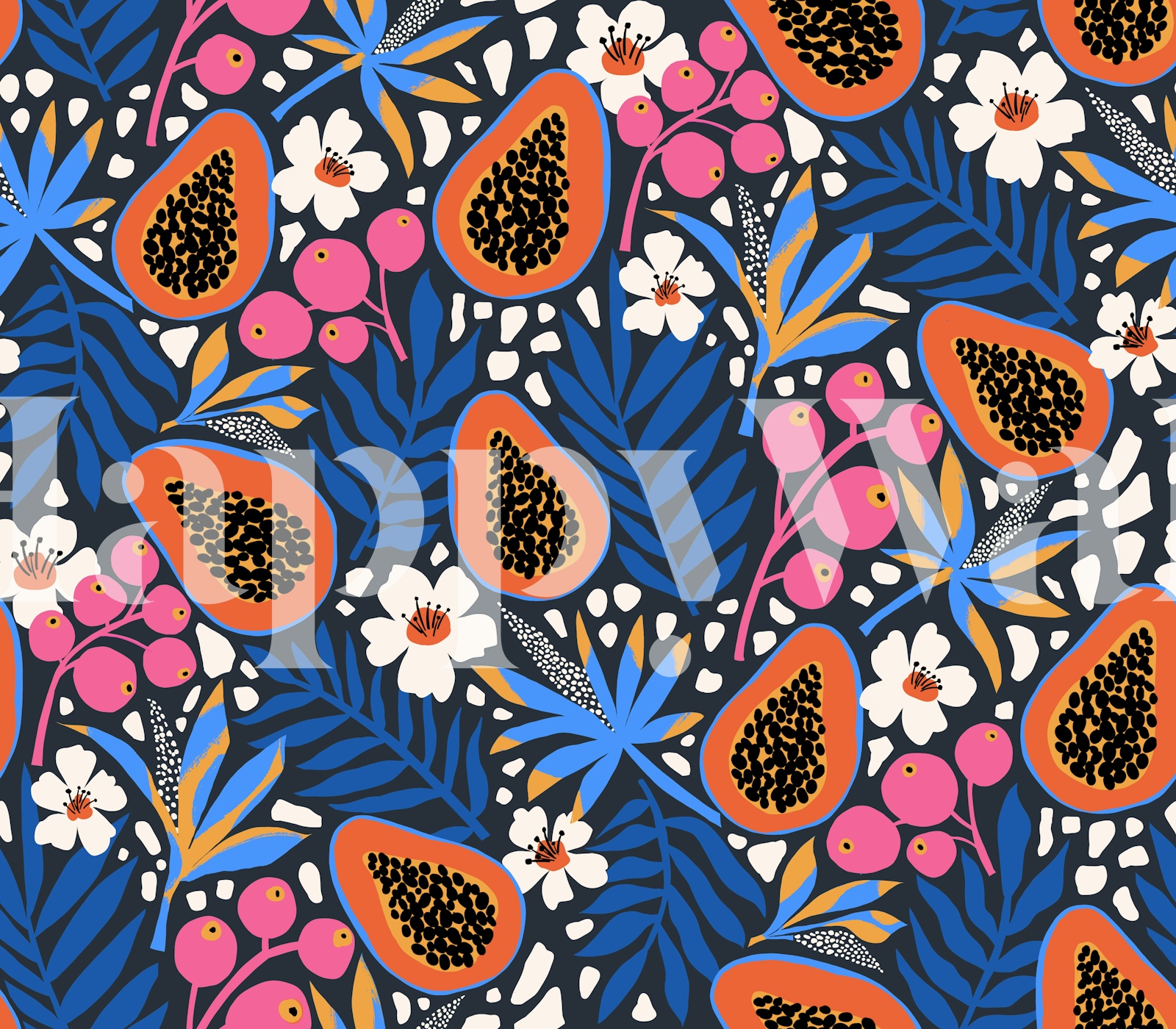 Tropical Papaya and Blue Floral Wallpaper