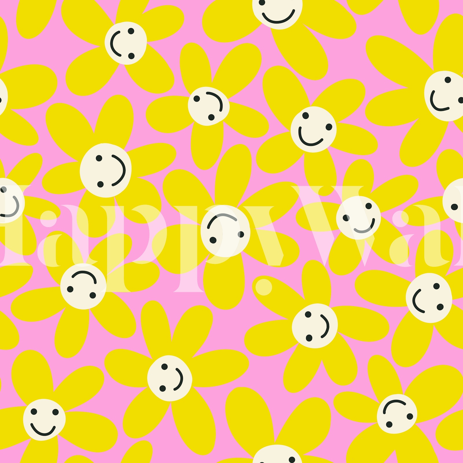 Colorful Floral Smiley Faces Yellow Pink Wallpaper