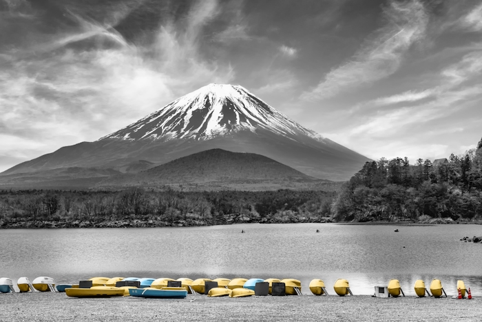 Black and White Mount Fuji Wallpaper with Yellow Boats