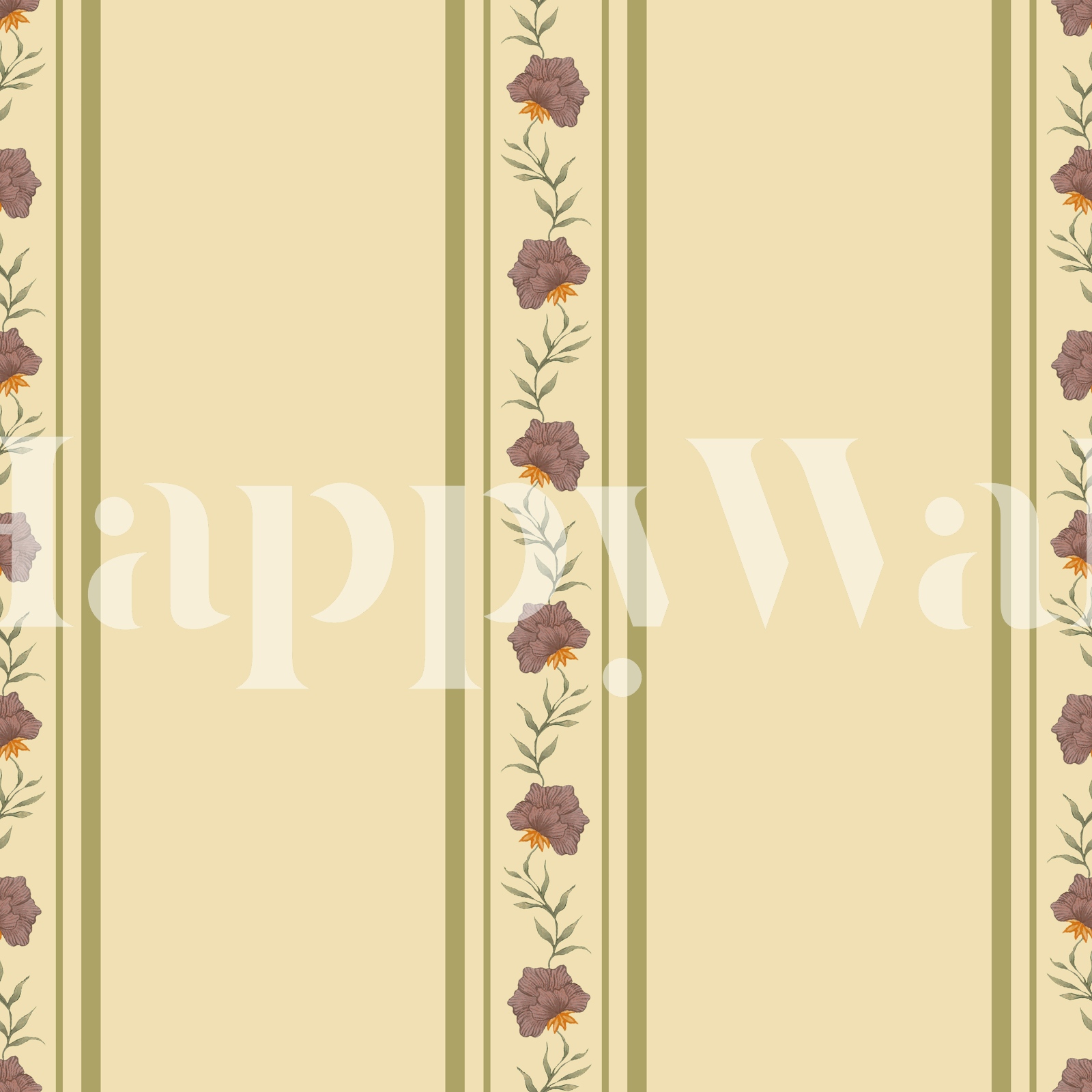 Floral Striped Wallpaper in Soft Yellow
