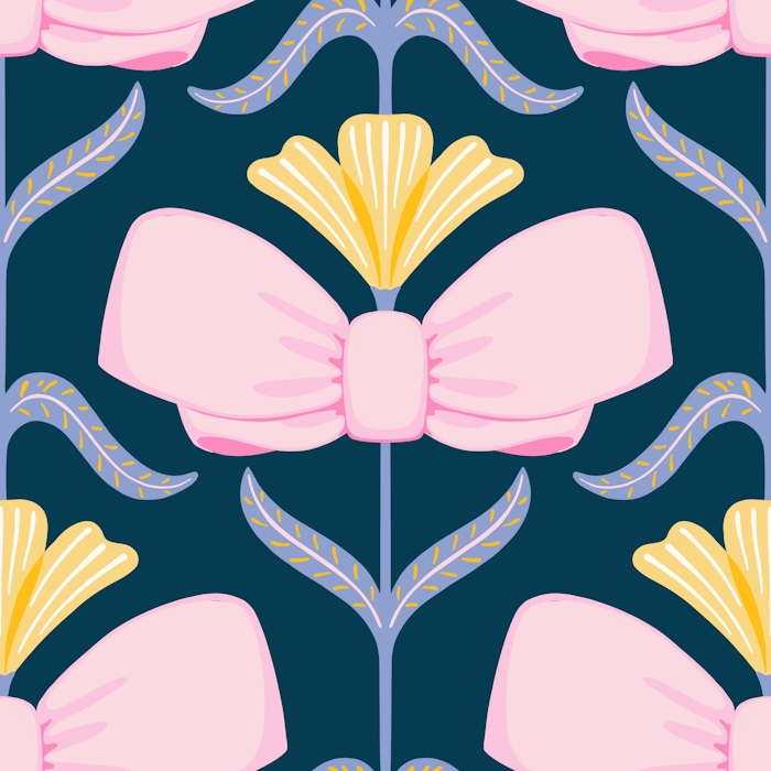 Floral Wallpaper with Pink Bows on Dark Background